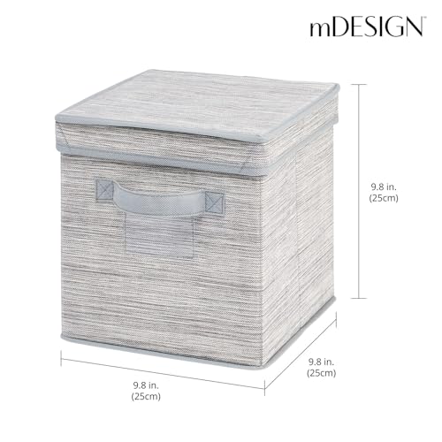 mDesign Square Fabric Christmas Storage Box with Handles - Holiday Decor Storage Bin with Lid and Label Space - Foldable Gift Wrap, Bow Container - Lidded Tote for Kids Room, 2 Pack, Striped Taupe/Tan