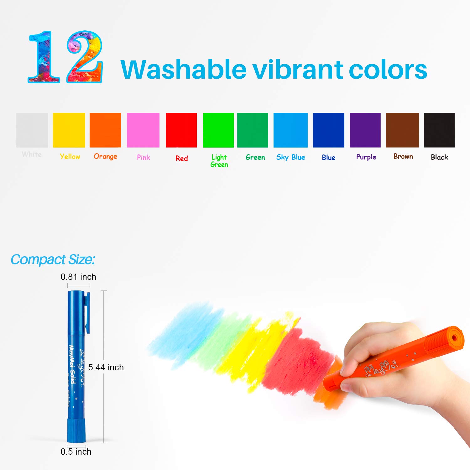 MayMoi 12PCS Washable Tempera Paint Sticks | Non-Toxic, Quick Drying & No Mess Paint Sticks for Kids, 12 Bright Colors, Best Art Birthday Gifts for Kids (6g)