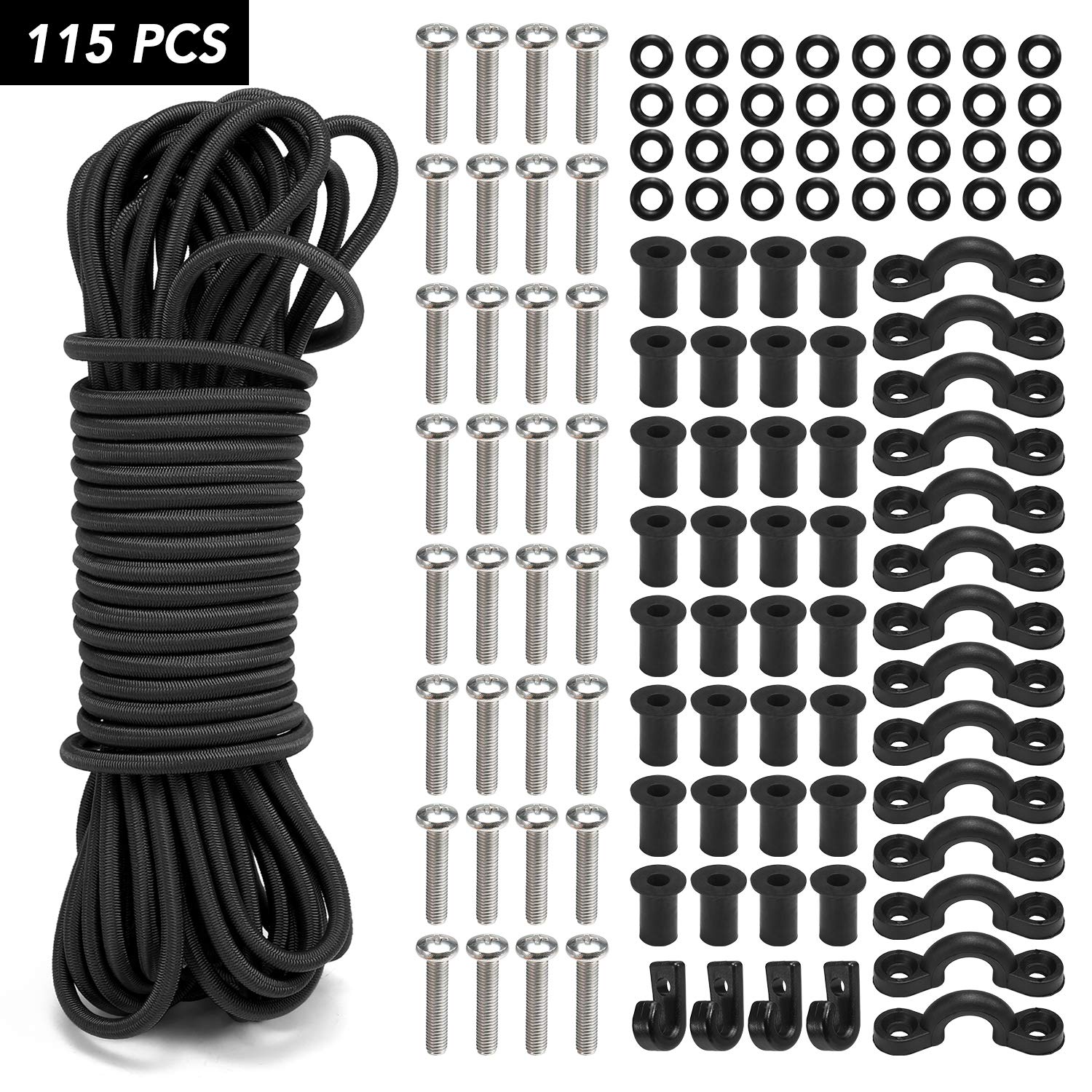 LIXADA 115pcs Deck Rigging Kit Accessory with 19.7ft Bungee Cord Deck Loops Tie Down Pad Eyes Wellnuts for Kayaks Canoes and Boats
