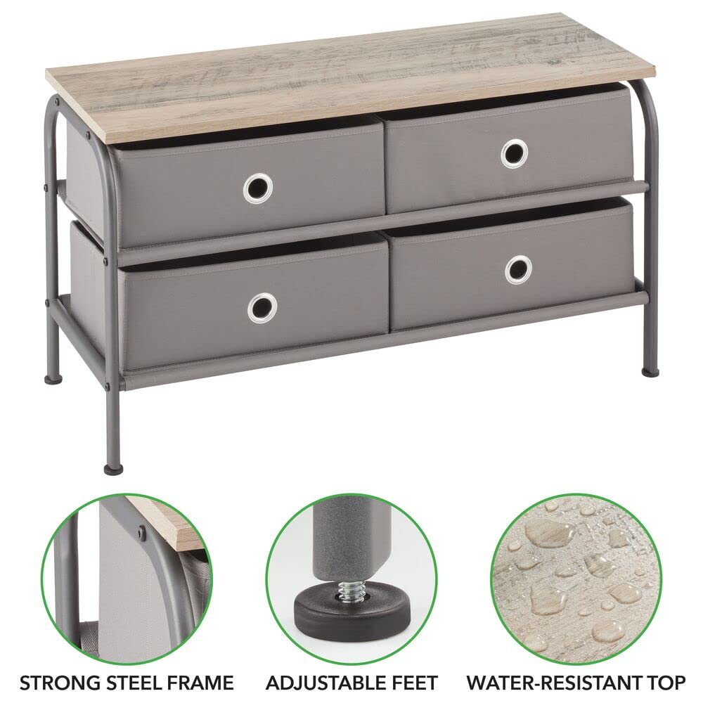 mDesign Storage Bench with 4 Drawers - Sturdy Steel Frame, Wood Top, Easy Pull Fabric Bins - Organizer Unit for Bedroom, Hallway, Entryway, Closets - Dark Gray/Gray