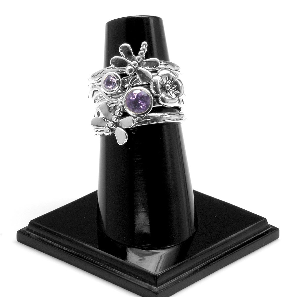 Silvershake Set of 4 Created Pink Tourmaline 925 Sterling Silver Dragonfly and Flower Stackable Gemstone Ring size 8 Jewelry for Women or Teens