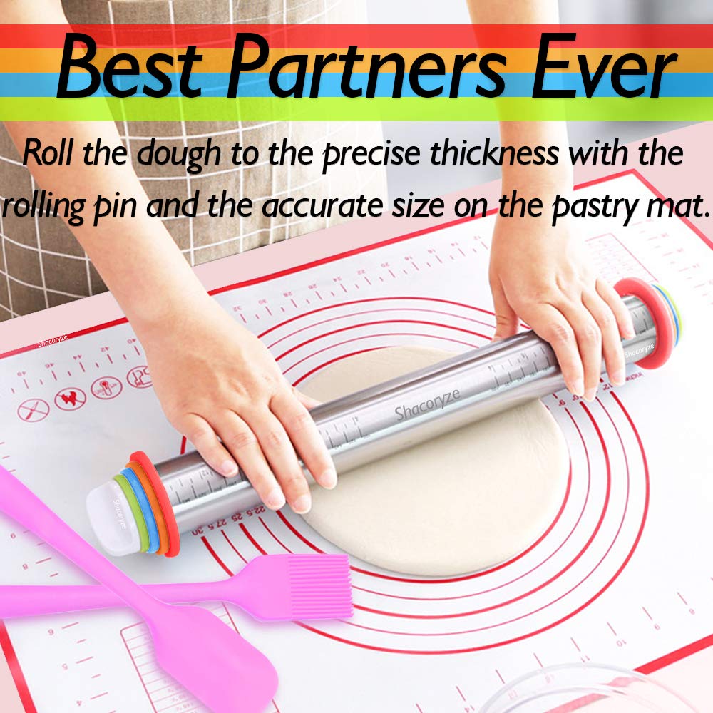 Shacoryze Rolling Pin with 4 Thickness Rings, Adjustable French Dough Roller Stainless Steel Nonstick Pastry Mat Spatula Brush Set for Baking Fondant, Pizza, Tortilla, Pasta, Pie, Pastries, Cookies