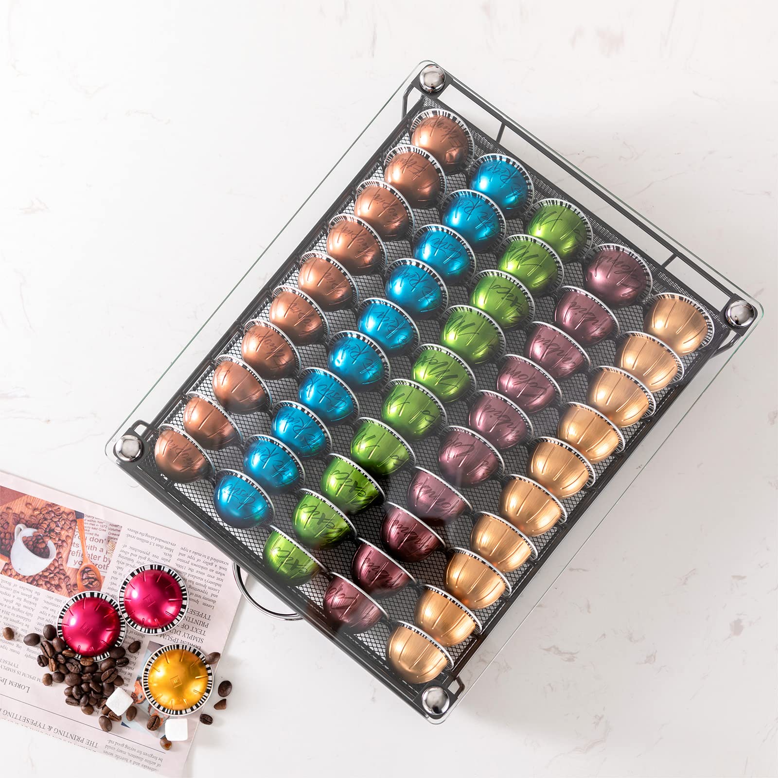 Rice rat Coffee Vertuo Capsule Holder Drawer for Nespresso With Glass For Cabinet Vertuoline Pod Storage Rack For Counter (Class-50 Pods(With handle))