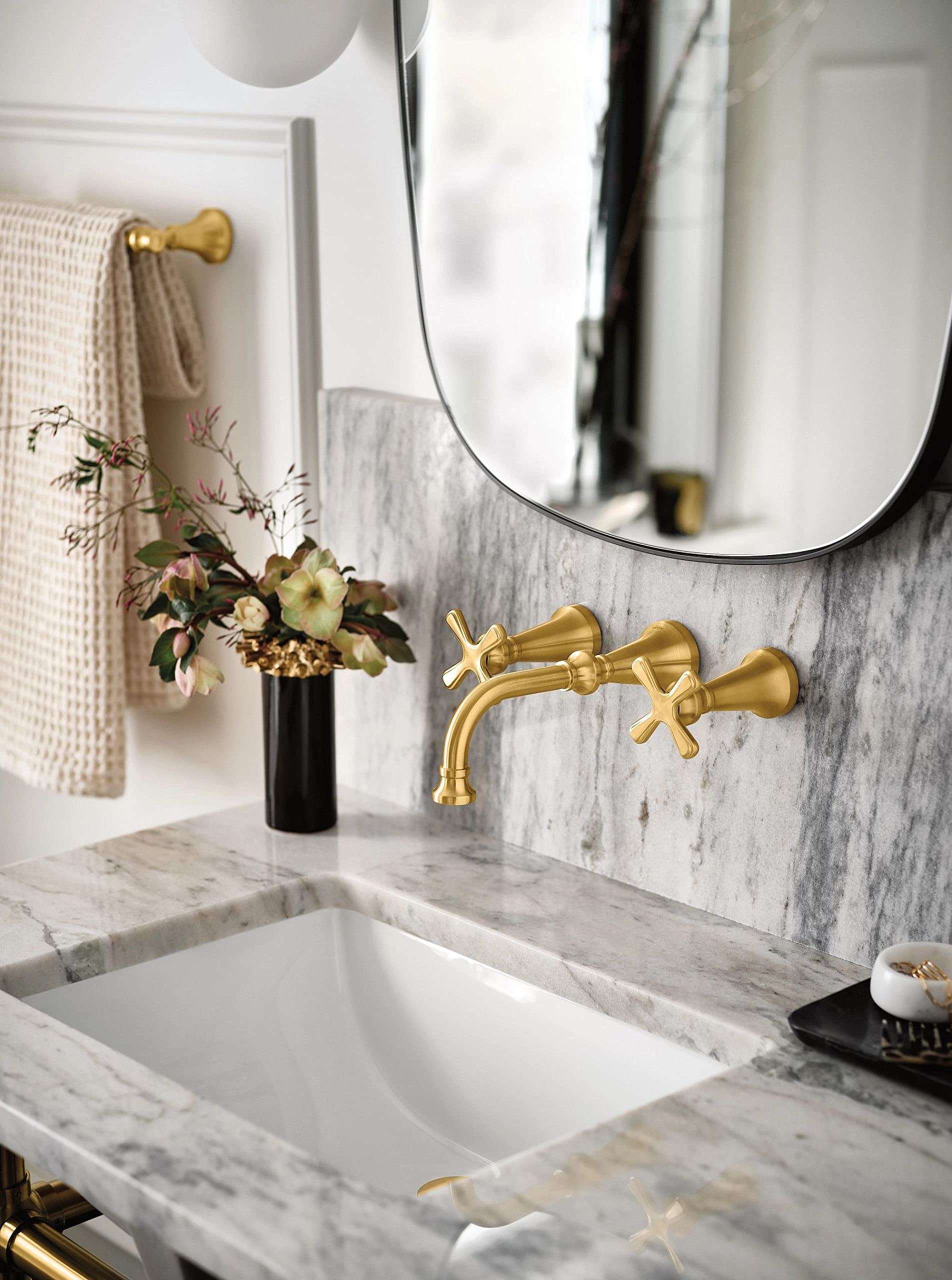 Moen Colinet Brushed Gold Traditional Two-Handle Widespread High-Arc Bathroom Faucet with Cross Handles, Valve Required, TS44103BG