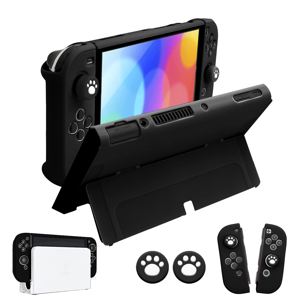Switch OLED Case Protective Case for Nintendo Switch OLED Model 2021, Dockable Case Compatible with Switch OLED and Joy-Con Controller Grip Case with Screen Protector & 2 x Thumb Grip Caps (Black)
