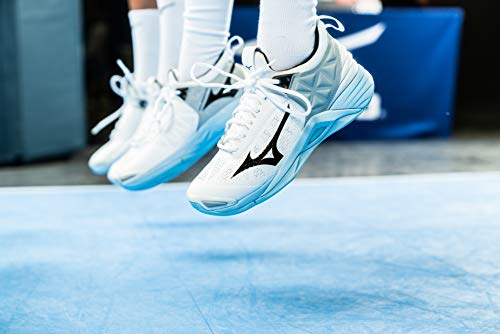 Mizuno Women's Wave Momentum Indoor Court Shoe, White-Blue, 8.5 B US