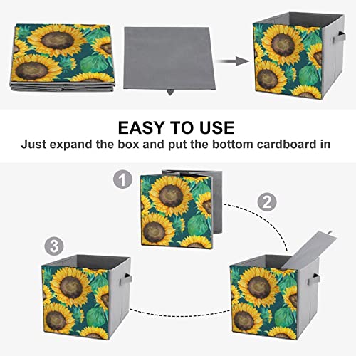Watercolor Sunflowers Leaves Collapsible Storage Bins Cubes Organizer Trendy Fabric Storage Boxes Inserts Cube Drawers 11 Inch