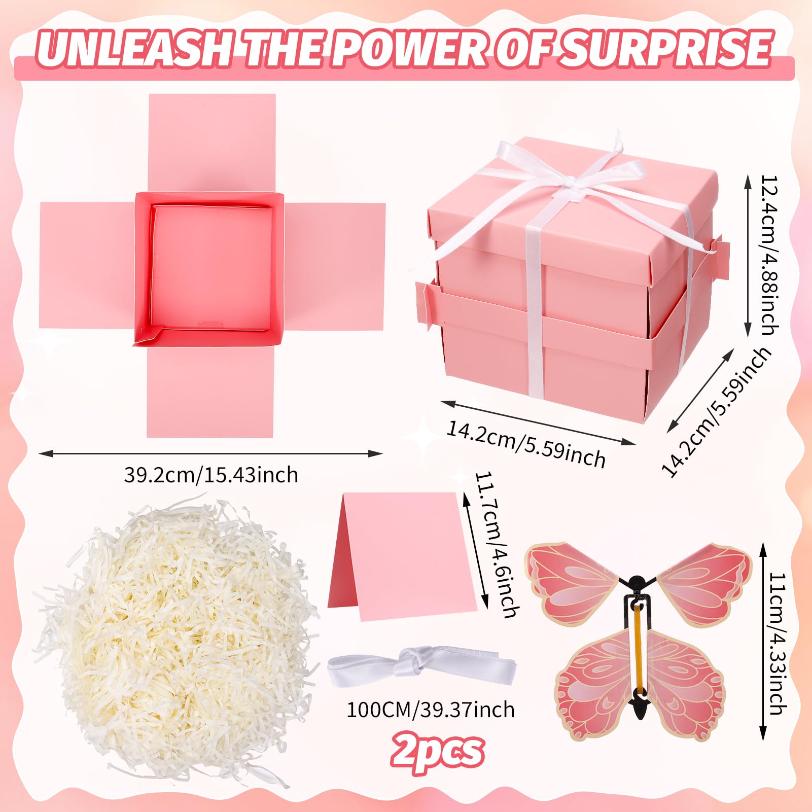 XLSXEXCL Butterfly Explosion Gift Box, Flying Butterfly Surprise Box, Exploding Butterfly Birthday Box with 8 Pcs Flying Butterfly Toy for Birthday, Wedding, Anniversaries, Christmas (Pink)