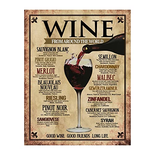 Wine From Around the World- Vintage Bar Wall Decor Sign, Typographic Wall Art Wine Glass & Bottle Photo Print. Perfect For Kitchen Decor, Dining Room Decor. Great Gift for Wine Lovers! Unframed-11x14"