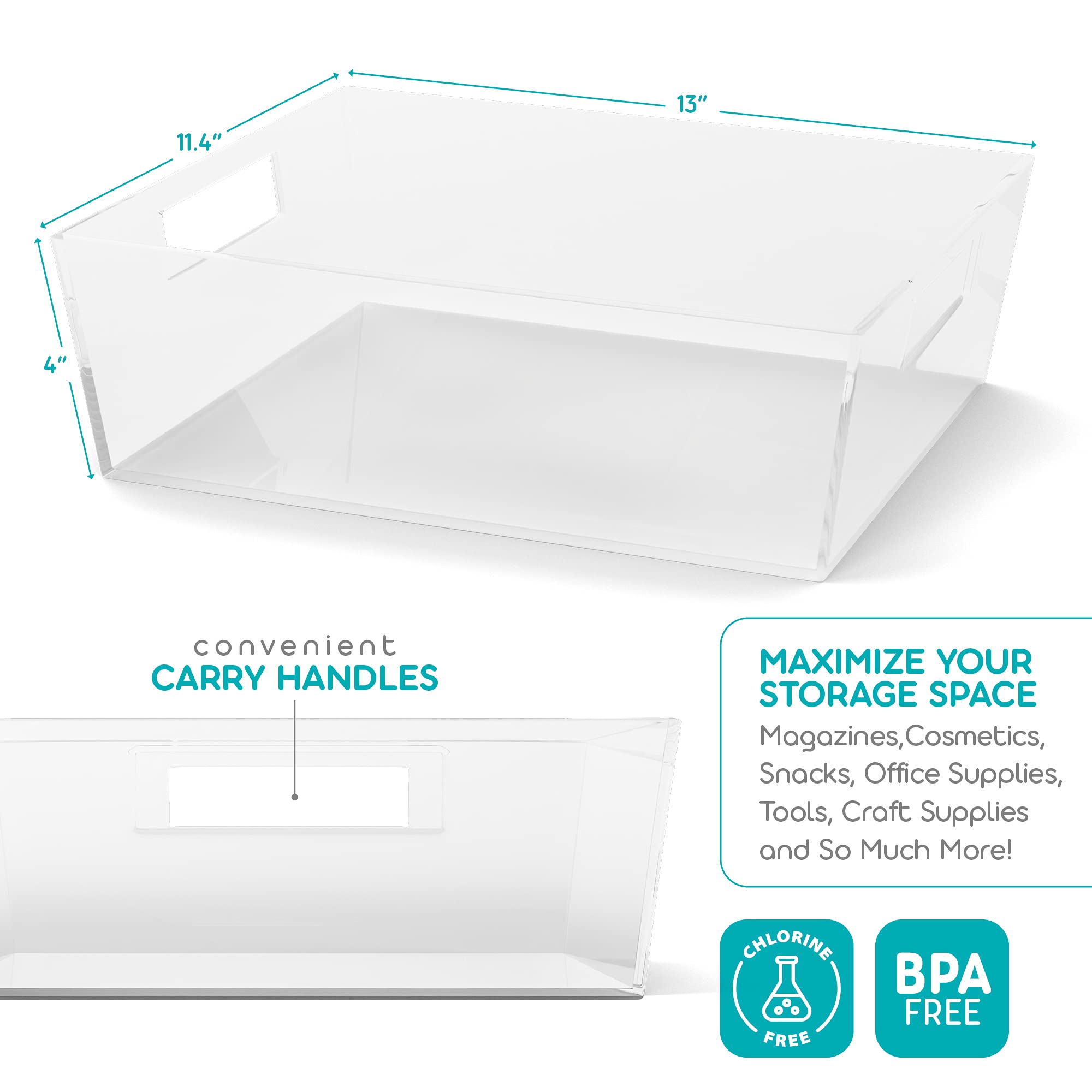 Richards Homewares Shallow Clear Storage Bins-Set of 2 β Pantry, Kitchen Plastic Containers for Organizing Fridge, Drawers 13β x 11.4β x 4.1