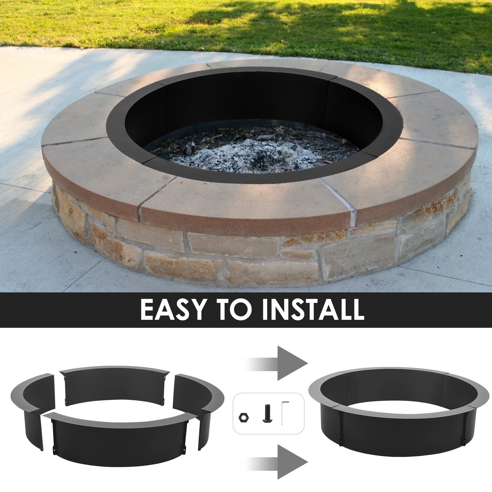 TELAM Outdoor Fire Pit Ring 45inch Fire Liner Wood Burning Firepits Campfire Ring Heavy Duty in/Above Ground Metal Fire Ring Kit Outdoor 45'' Outer 39'' Inner for BBQ Grill, Beach Camping