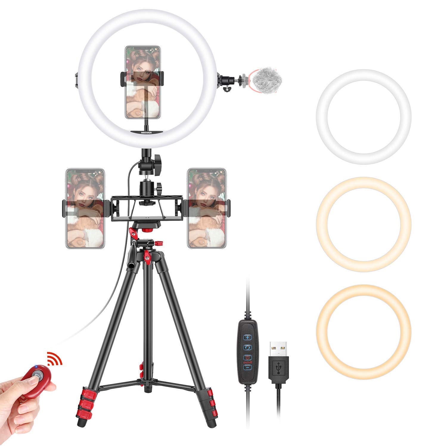 Neewer 10-Inch Selfie Ring Light with Tripod Stand, 3 Phone Holders, LED Ring Light with Soft Tube & Remote Kit: 3 Mode Lights and 10-Level Brightness for Makeup, YouTube/TikTok Video, Live Streaming
