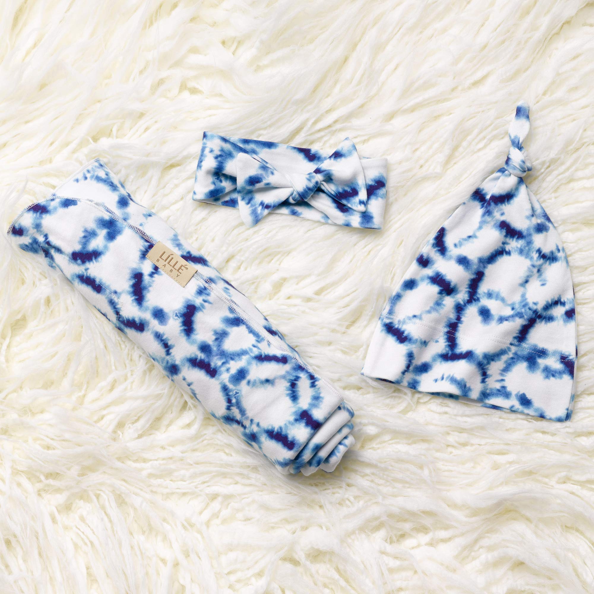 LÍLLÉbaby Cozy Baby Bundle, 3 Items: Hat + Swaddle Blanket + Headband, Shibori
