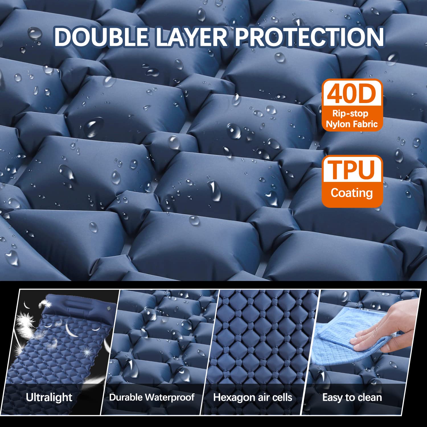 RealPero Inflatable Sleeping Pad - Ultralight Extra Wide Sleeping Mat with Pillow Foot Pump Waterproof Outdoor Portable Thick Air Mattress for Camping, Backpacking, Traveling, Hiking ,Tent ,Navy Blue