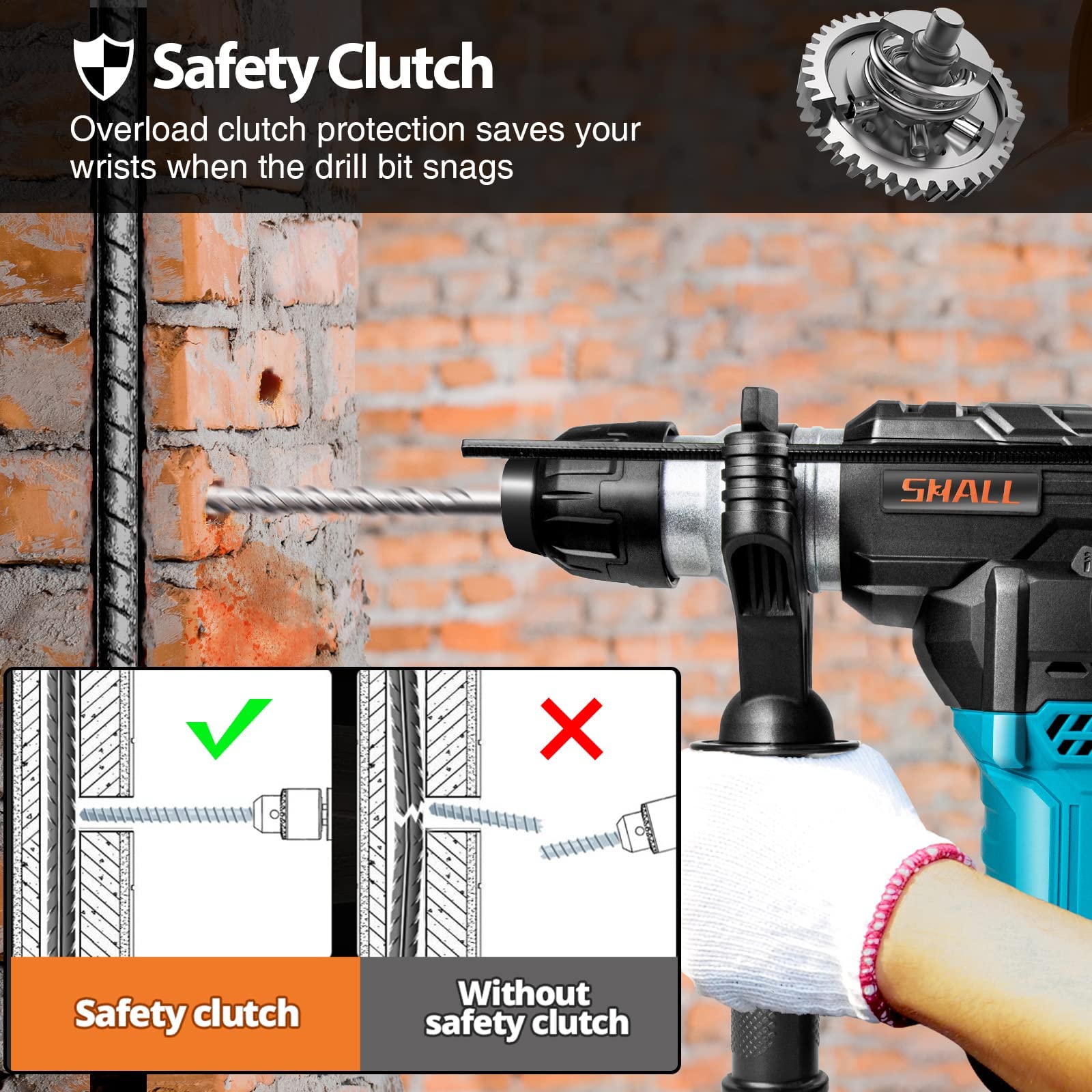 SHALL 1-1/4 Inch SDS Plus Heavy Duty Rotary Hammer Drill, 1500W Rotomartillo, 6 Variable Speeds, Flat Chisel, Point Chisel and 3 Drill Bits Included, for Drilling, Hammering, Chiseling, 0-950 RPM