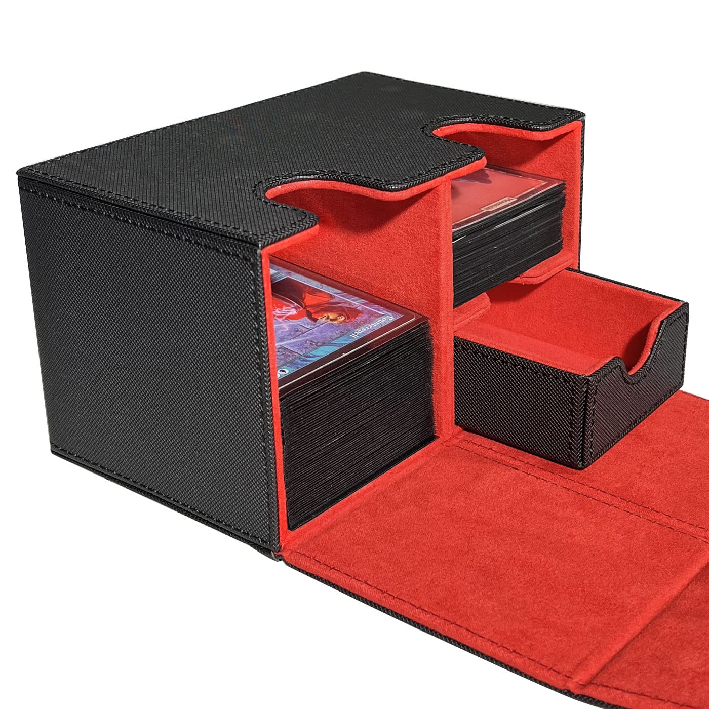 Scimi Large Premium Double Deck Case Box for 200+ Sleeved Cards Case Large Twin Flip Deck Case with Dice Tray Fits MTG/TCG/CCG (Black & Red