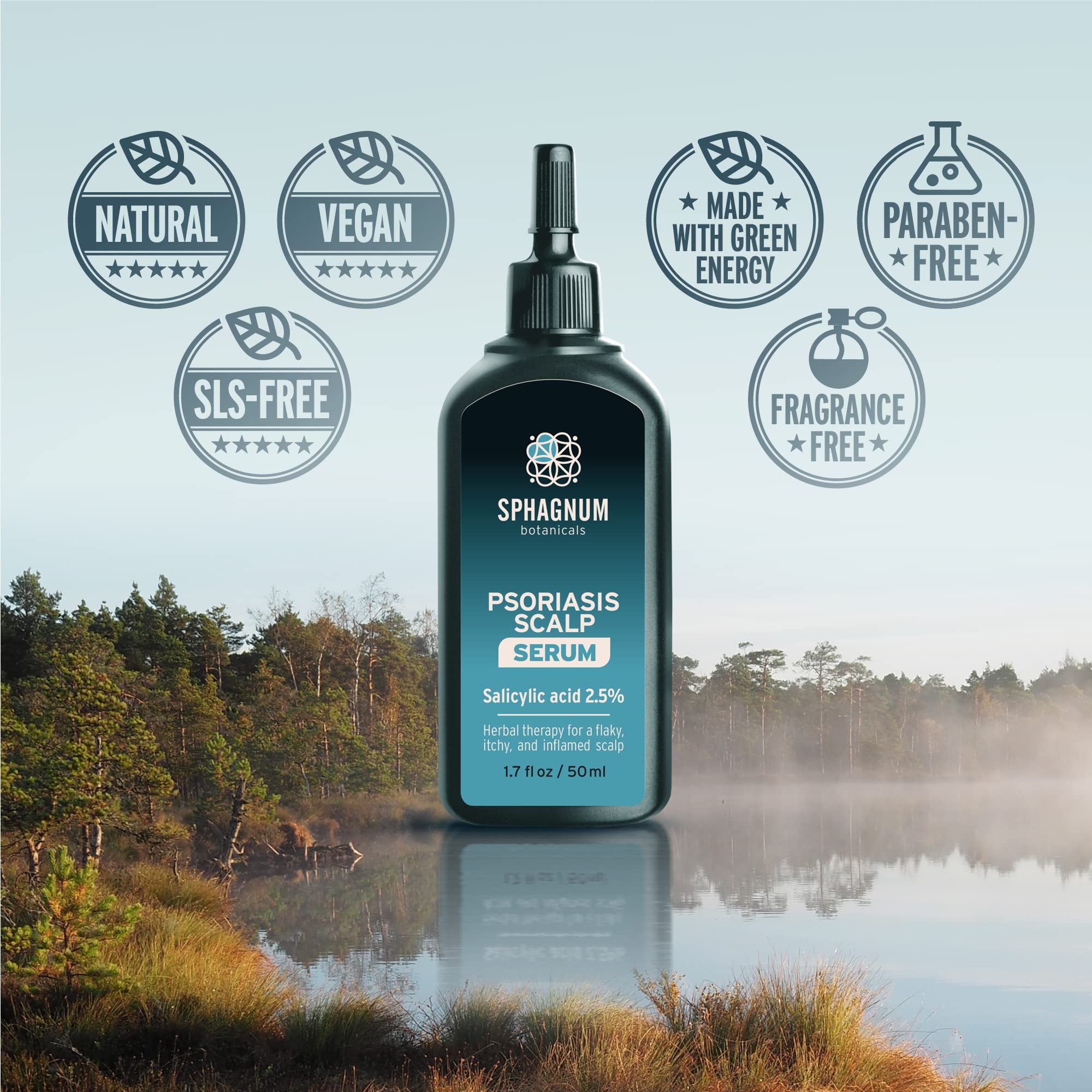 Sphagnum Botanicals Flaky Psoriasis Care Kit - Serum with salicylic acid, shampoo with peat mud, conditioner with argan and olive oil