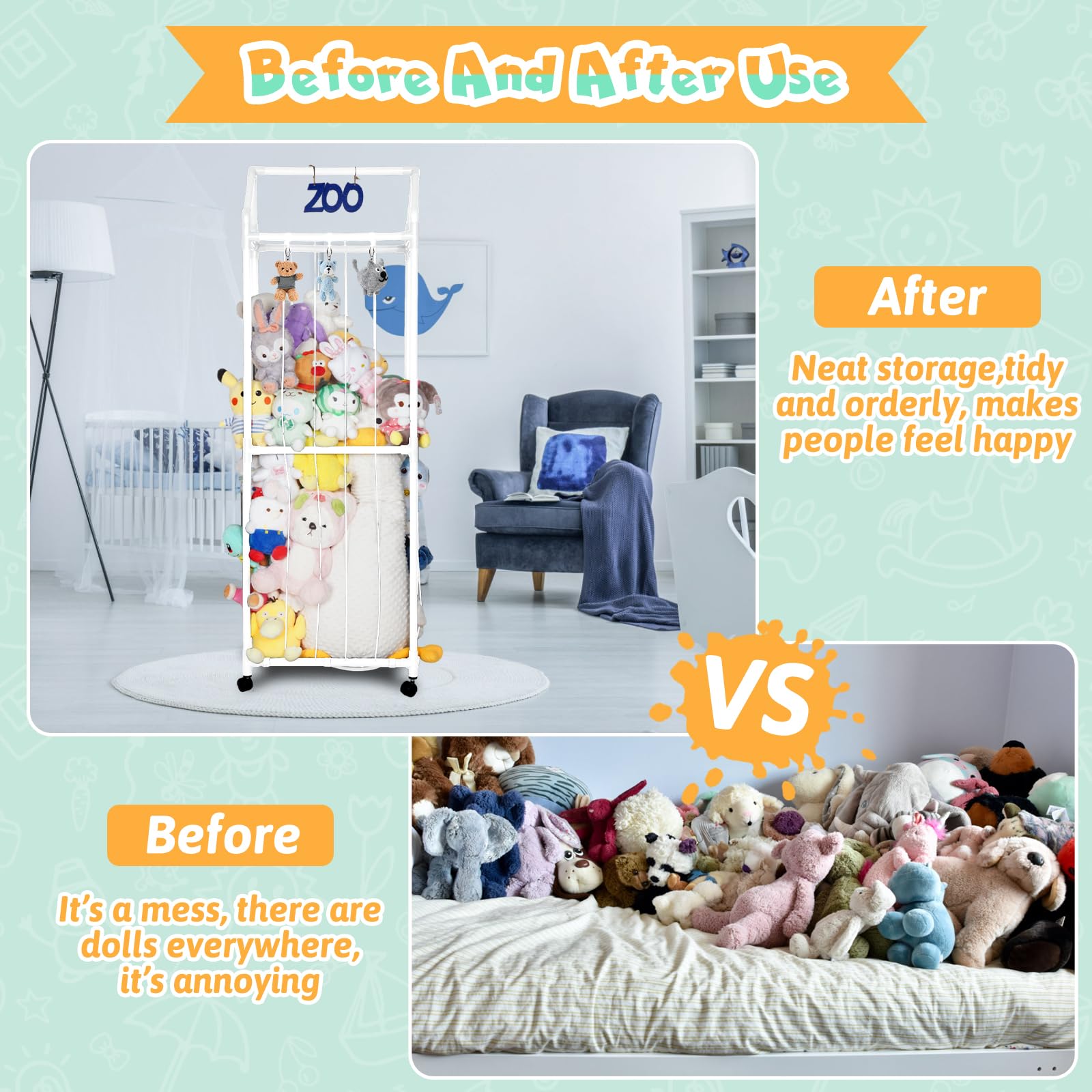 XMBecc Stuffed Animal Storage Zoo Stuffed Animal Holder Space Save Vertical Stuffed Animals Storage PVC with Elastic Band and Net for Playroom Birthday Gift for Bedroom(white)