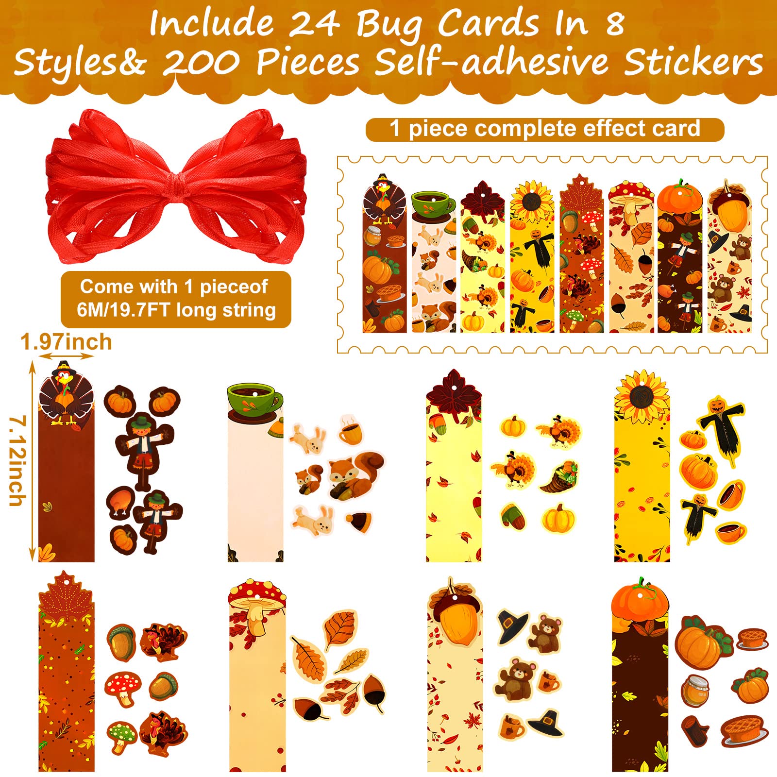 Spiareal 24 Sets Fall Decor Autumn DIY Bookmarks for Kids Thanksgiving Fall Craft Kits Paper Blank Bookmarks Art Set with Maple Leaves Turkey Acorn Mushroom Sunflower Pumpkins Stickers for Art Kit