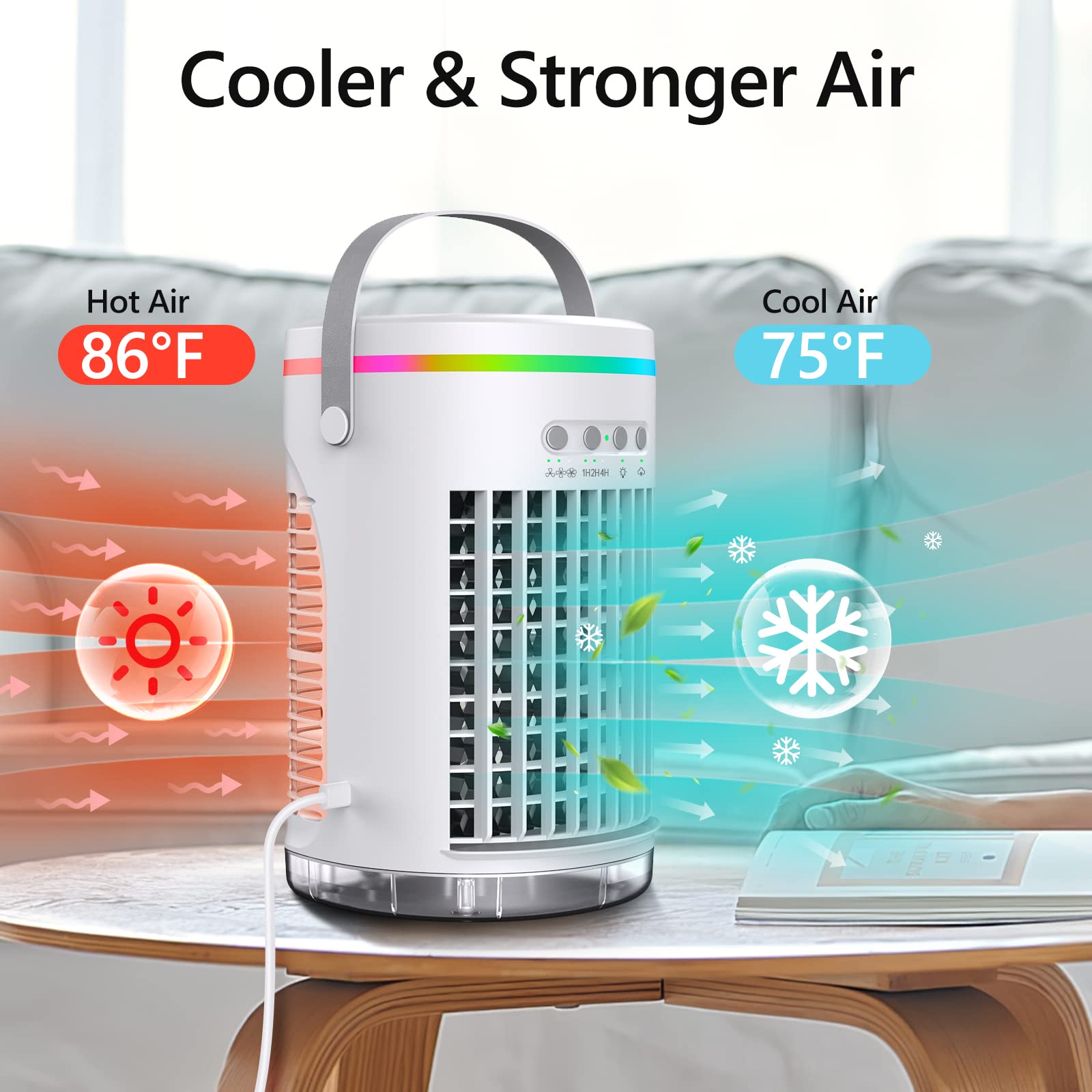 Vosaf Portable Air Conditioners Fan,1400ml Evaporative Mini Air Conditioner with 7 Colors Light,3 Speeds, White
