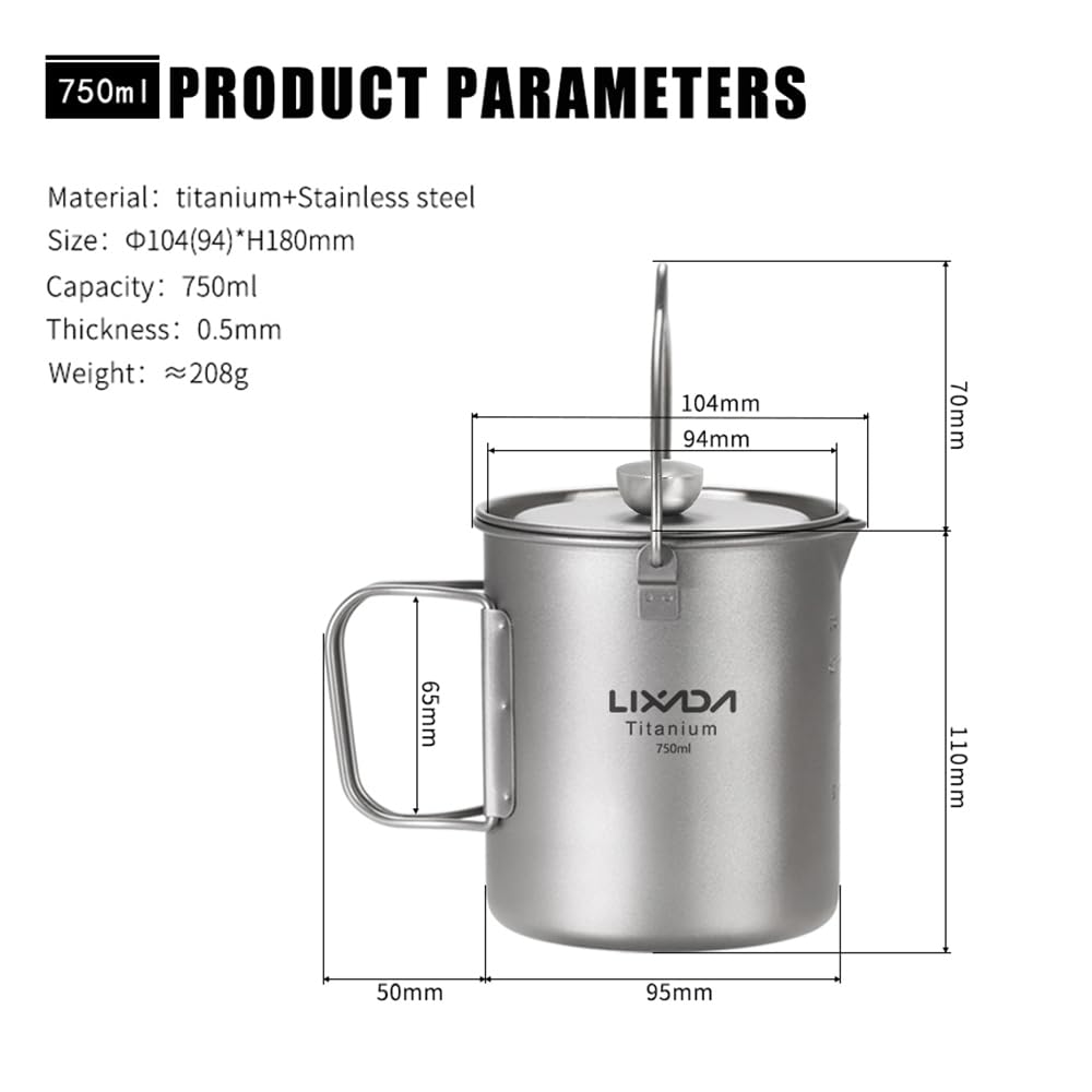 Lixada Titanium Pot 750ml Camping Titanium Coffee Cup Mug French Press Pot Coffee Maker Outdoor Camping Cooking Pot with Folding Titanium Spoon