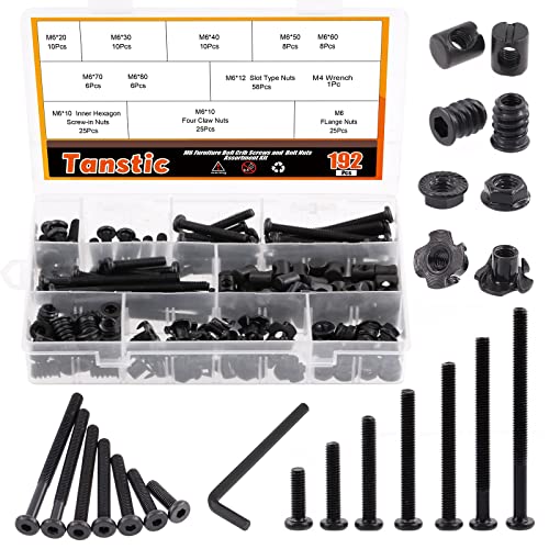 Tanstic 192Pcs Black Crib Hardware Screws Kit, Zinc Plated M6 x 20/30/40/50/60/70/80mm Hex Socket Head Screws Bolt and Barrel Nuts, 4 Prong T-Nuts, Flange Nuts, Threaded Insert Nuts with Allen Wrench