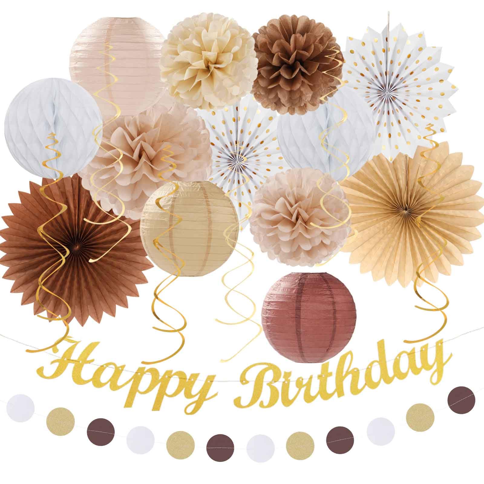 White-Brown Champagne-Gold Boho Birthday Party-Decorations - 21pcs Happy Banner,Beige Neutral Rustic Paper Lanterns Honeycomb, Hanging Streamers,Tissue Pom Poms Flower Fan,Fall Decor Supplies Huglony
