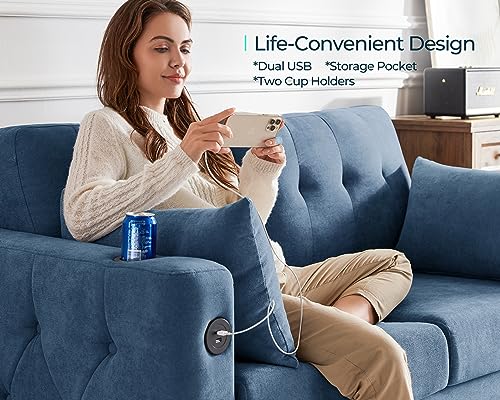 LINSY HOME Pull Out Sofa Bed, Queen Sleeper Sofa Couch with Memory Foam Mattress and Solid Wood Bed Frame, Covers Removable and Washable, Pullout Couch for Home Office, Blue, Queen Size