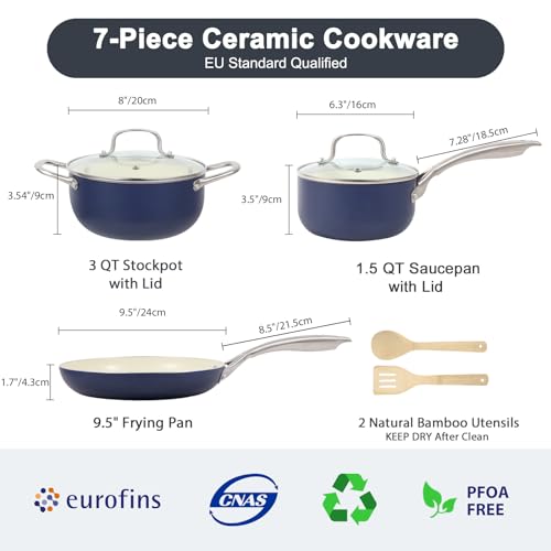 M MELENTA Pots and Pans Set, 7 Piece Nonstick Ceramic Cookware Set, Non Toxic Induction Pots and Pans, Oven Safe Handle & Bamboo Kitchen Utensils, Dishwasher Safe, 100% PFOA Free, Blue