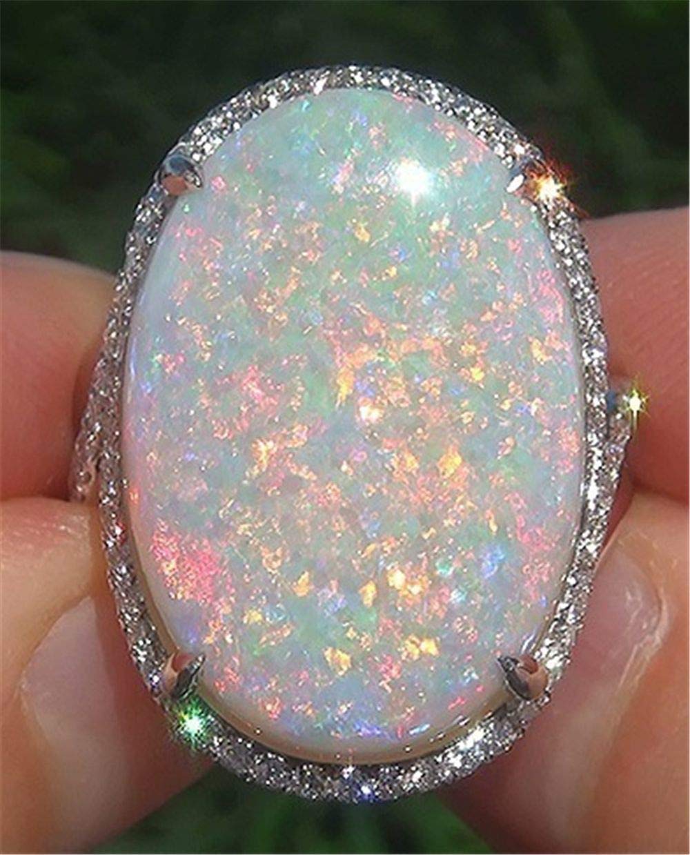 LRGKMCWTOB Women's Large 925 Silver Fire Opal Gemstone Ring Oval Cut Micro Mosaic Cubic Zirconia Ring Wedding Engagement Ladies Jewelry Size 6-10 (US code 8)