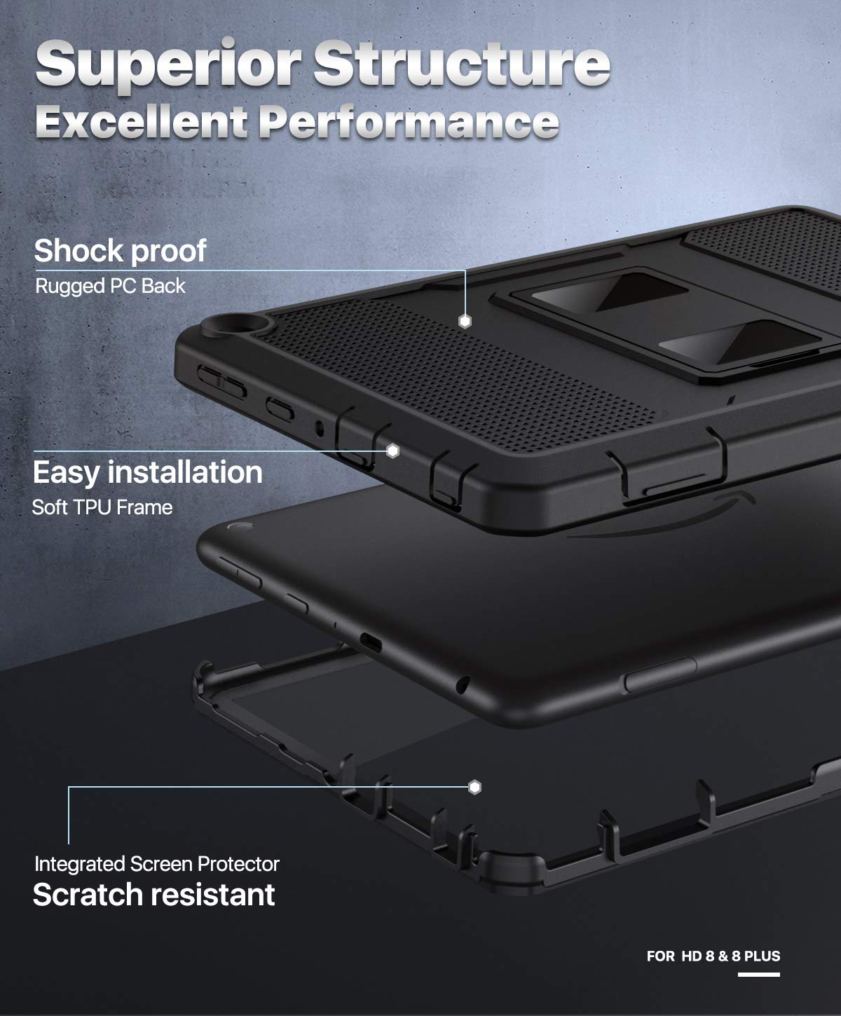 MoKo Case Fits Kindle Fire HD 8 & 8 Plus Tablet (10th Generation, 2020 Release), [Heavy Duty] Full Body Rugged Cover with Built-in Screen Protector, Black