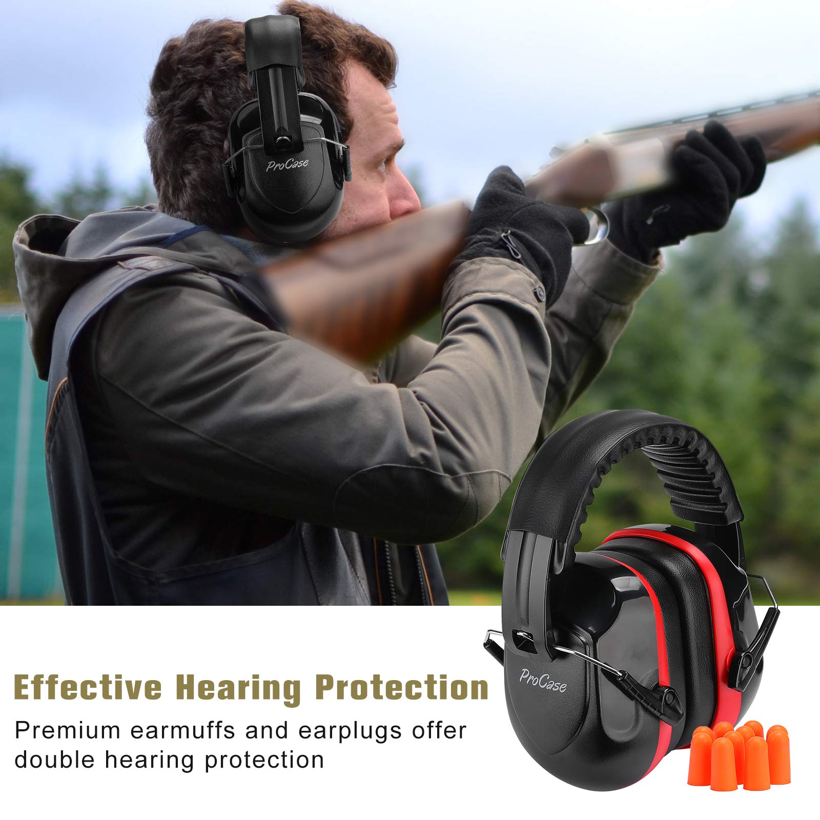 ProCase Shooting Ear Protection Earmuffs, Gun Safety Glasses and Soft Earplugs, Shooting Range Accessories with Protective Case, Gun Range Ear and Eye Protection Kit, Shooting Safety Equipment –Red