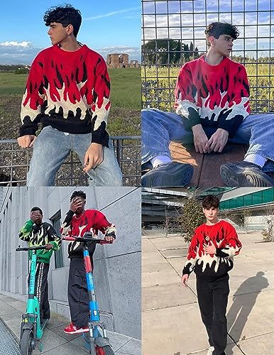 ZAFUL Mens Long Sleeve Flame Graphic Y2K Knit Sweaters Casual Oversized Sweater Pullover Wine Red XXL