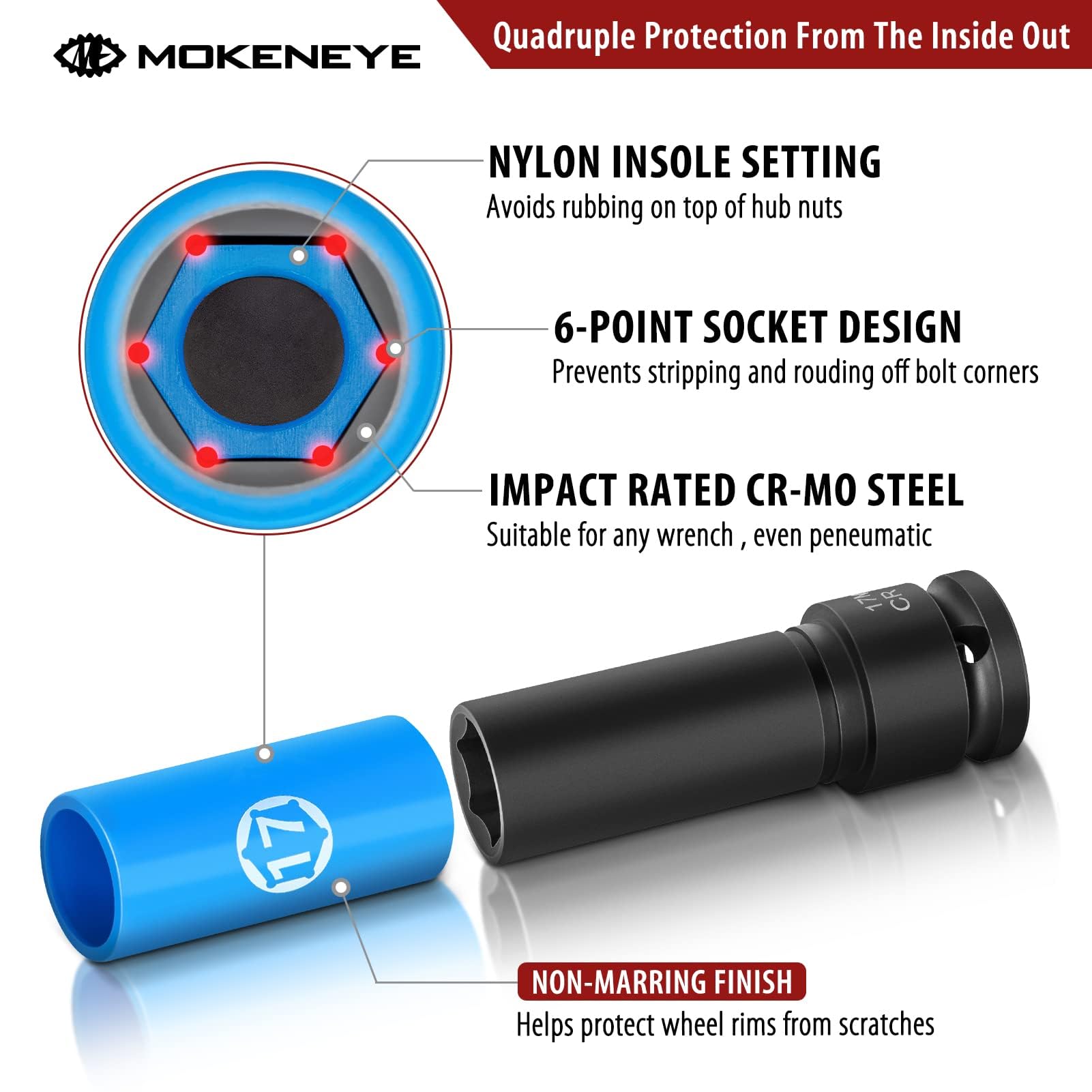 M MOKENEYE Robust 1/2" 5-Piece Impact Socket Set | Quick ID | Lug Nut Protector | CR-MO | 15-22mm Metric | Anti-Rust | Deep Features | For Impact Wrenches