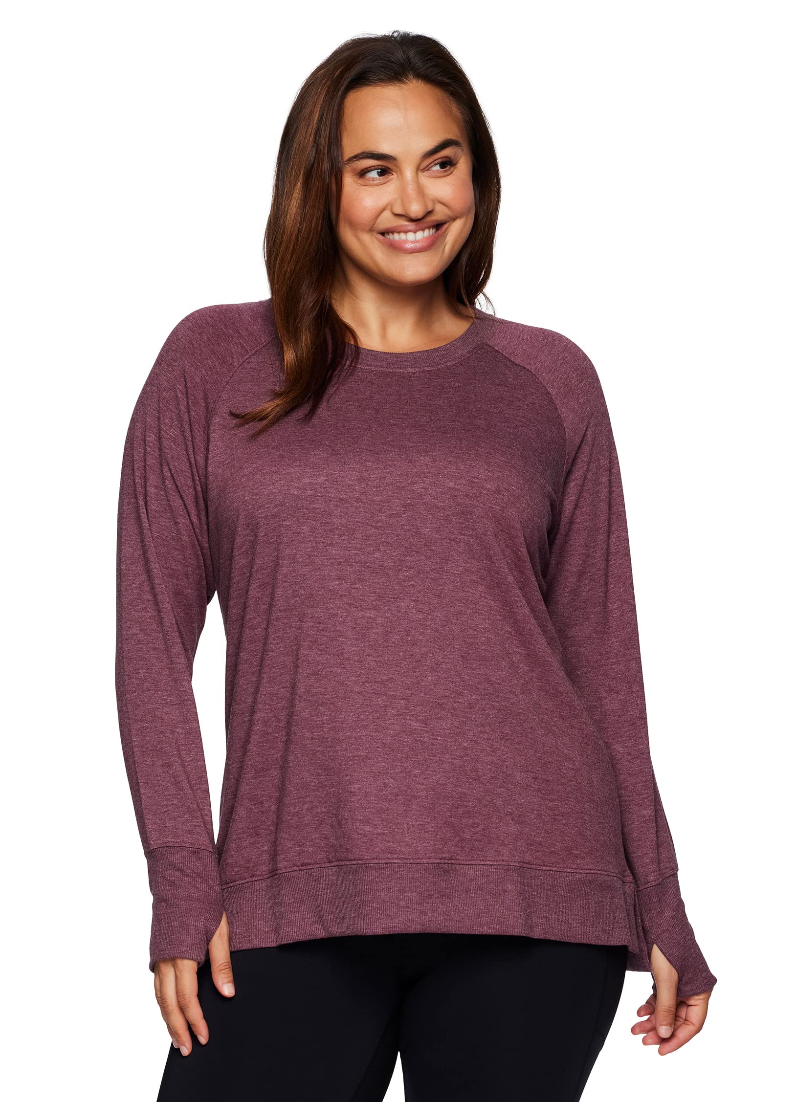 RBX Active Women's Plus Size Fashion Yoga Long Sleeve Crewneck Relaxed Fit Lightweight French Terry Pullover Tunic Solid Dark Red 1X