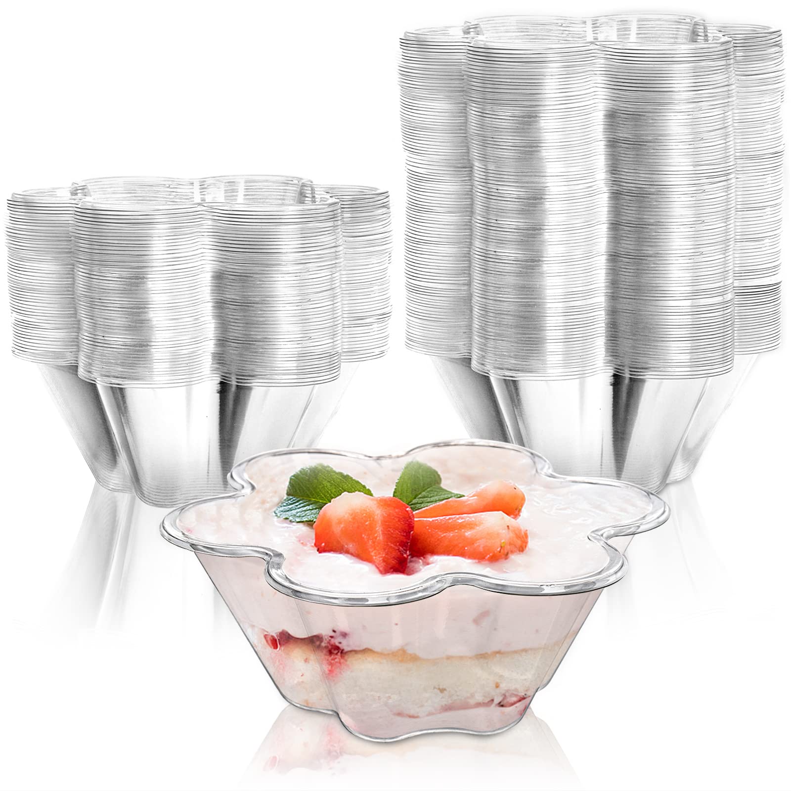 SOUJOY 100 Pack Ice Cream Cup, 8.5Oz Clear Flower Shape Appetizer Bowl, Disposable Plastic Dessert Serving Bowl for Sundae, Chocolate, Appetizers