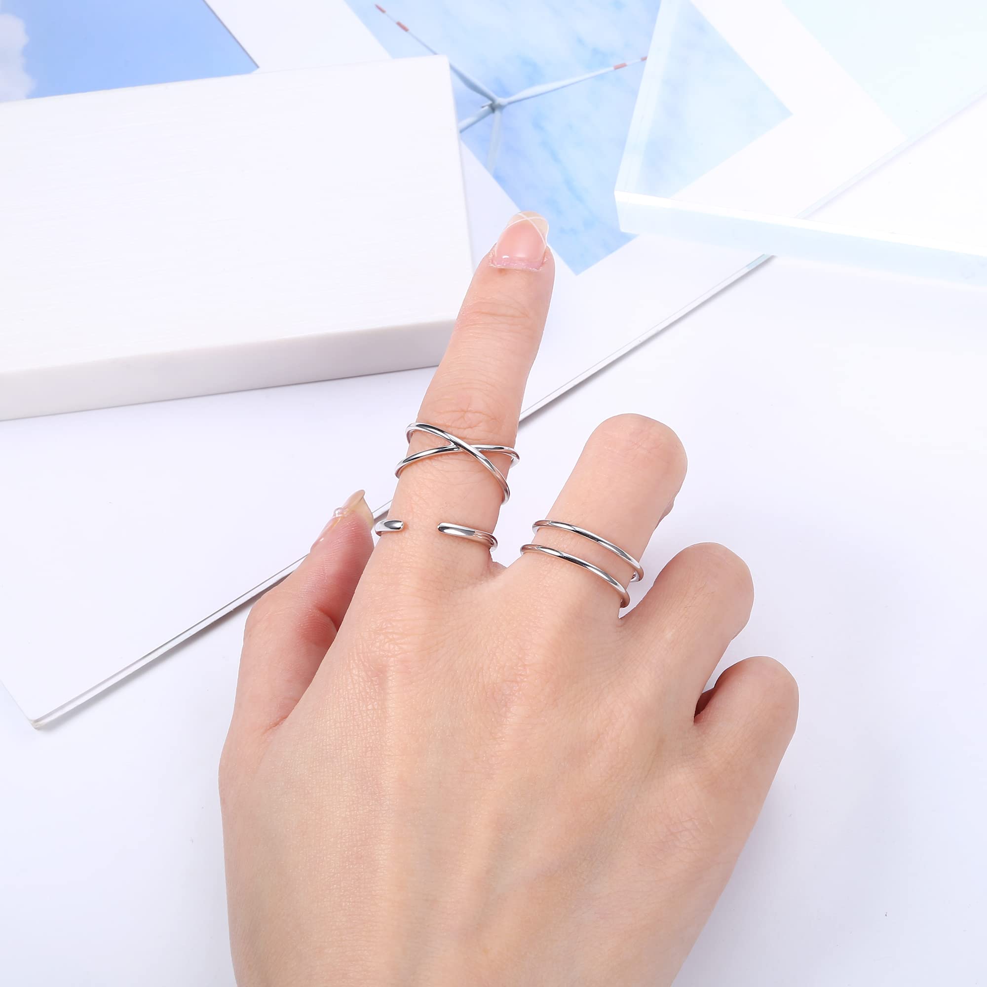 PATISORNA 3Pcs 925 Sterling Silver Open Adjustable Rings for Women Men Minimalist X Cross Arrow Heart Moon&Star Paperclip Rings Stackable Thumb Knuckle Simple Rings Set Size 6-9
