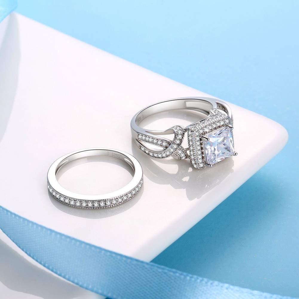 MABELLA Princess Cut Cubic Zirconia Wedding Rings for Women Halo Cz Infinity Engagement Bridal Ring Sets,925 Sterling Silver Gifts for Her,Size 9