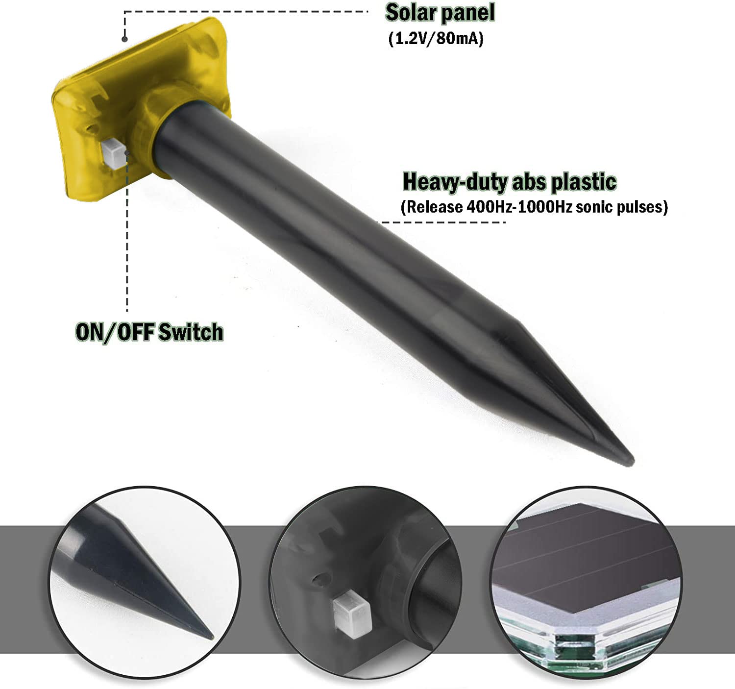 Mole Repellent, Solar Powered Repeller, Gopher Repellent Ultrasonic, Snake Deterrent, Vibration Stakes Outdoor, Repel Vole Gopher for Yard Lawns 4 Pack