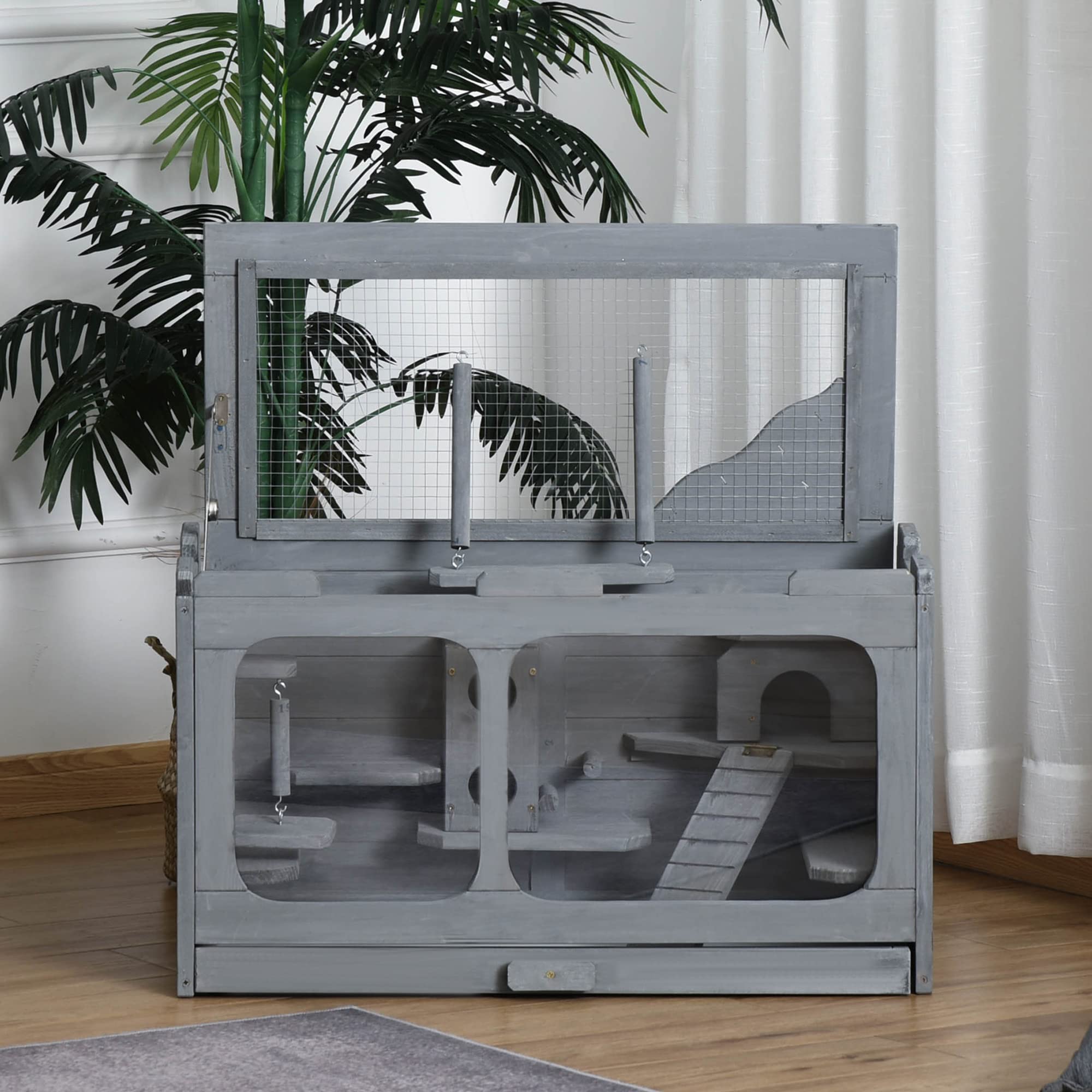PawHut Wooden Extra Large Hamster Cage with Swings, Small Animal Cage and Habitat with Jumping Platforms, Hamster Habitat, Rats, Mice, Pull-Out Tray
