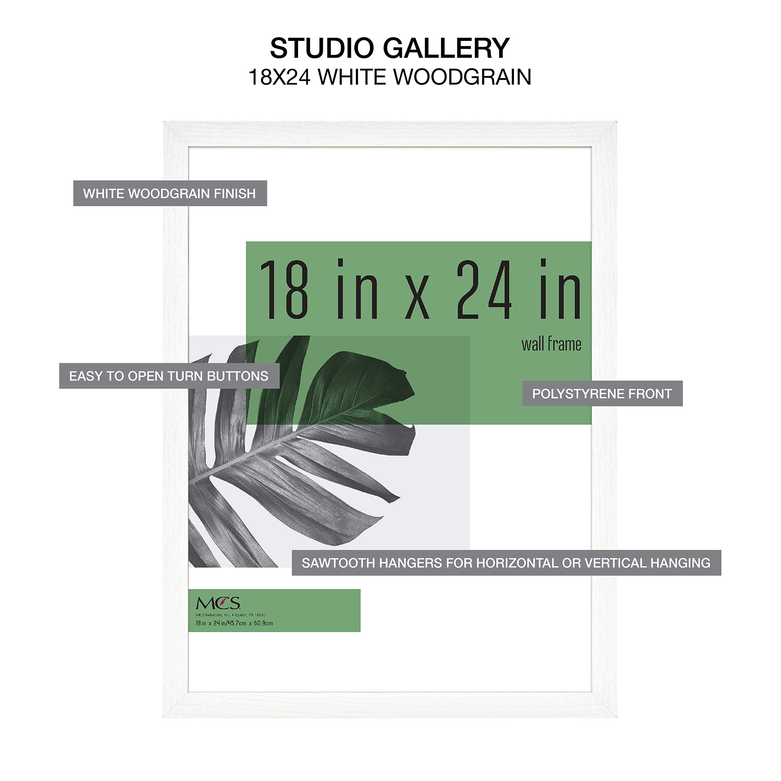 MCS Studio Gallery 18x24 Poster Frame White Woodgrain, Vertical & Horizontal Wall Hanging Large Picture Frame for Photos, Posters & Art Prints (2-Pack)