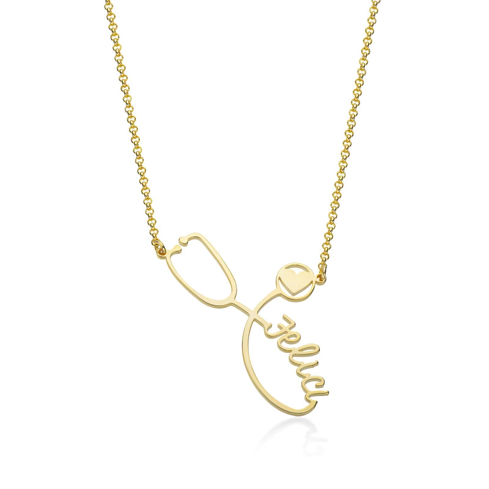 MOTIEL Jewelry Personalized Custom Stethoscope Name Necklace 925 Sterling Silver 10k 14k 18k Gold Engraving Name Pendant Necklace, Gifts for Doctor Nurse (Yellow Gold)