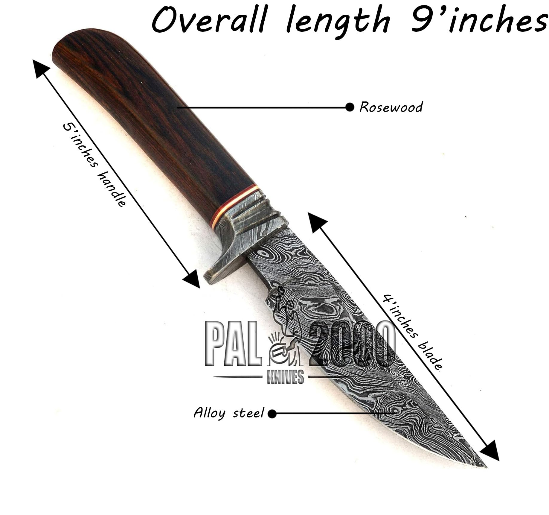PAL 2000 KNIVES Knife With Leather Sheath Handmade damascus Steel Knife Custom Knife 9 Inch Rosewood Handle 9685