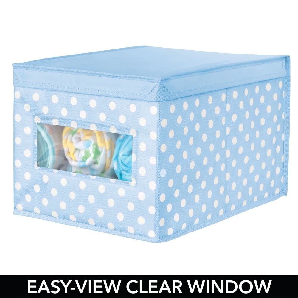 mDesign Large Soft Stackable Fabric Baby Nursery Storage Organizer Holder Bin Box with Front Window/Lid for Child/Kids Bedroom, Playroom, Classroom, Lido Collection, Light Blue/White Polka Dot