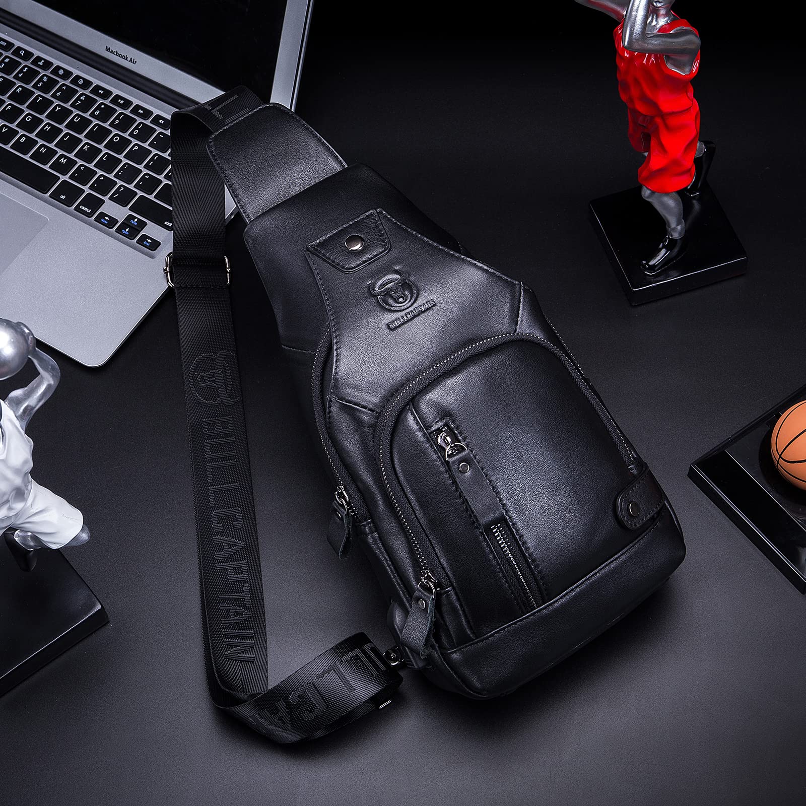 LUKZIJAES Genuine Leather Sling Bag for Men Crossbody Shoulder Chest Pack Hiking Casual Daypack Outdoor Travel Backpack (#1-Black)