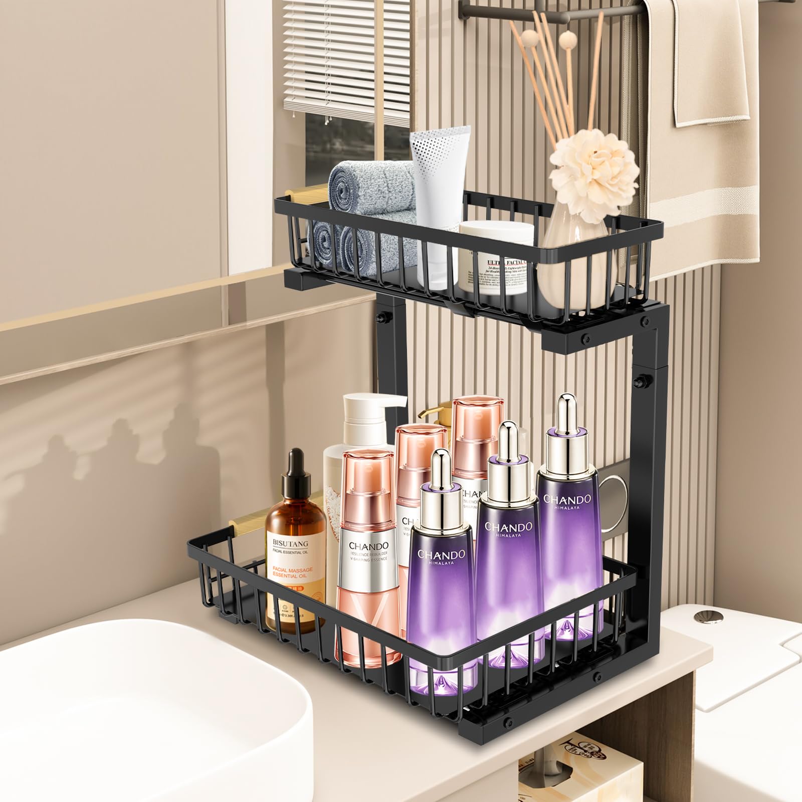 LUWUIDEN Under Sink Organizer and Storage: Adjustable Height 2-Tier Under Sink Bathroom Organizers Multi-Purpose Bathroom Cabinet Pull Out Drawers for Kitchen Cabinets with Hooks