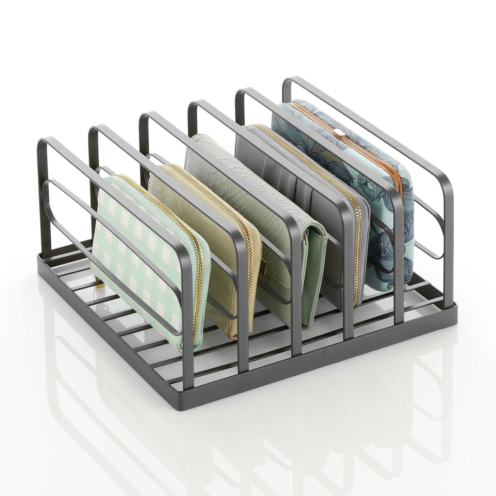 mDesign Metal Divided Stackable Purse Organizer for Closets, Bedrooms, Dressers, Shelves - Closet Shelf Storage Solution for Purses, Clutches, Wallets, Accessories - 5 Sections, 2 Pack - Graphite Gray