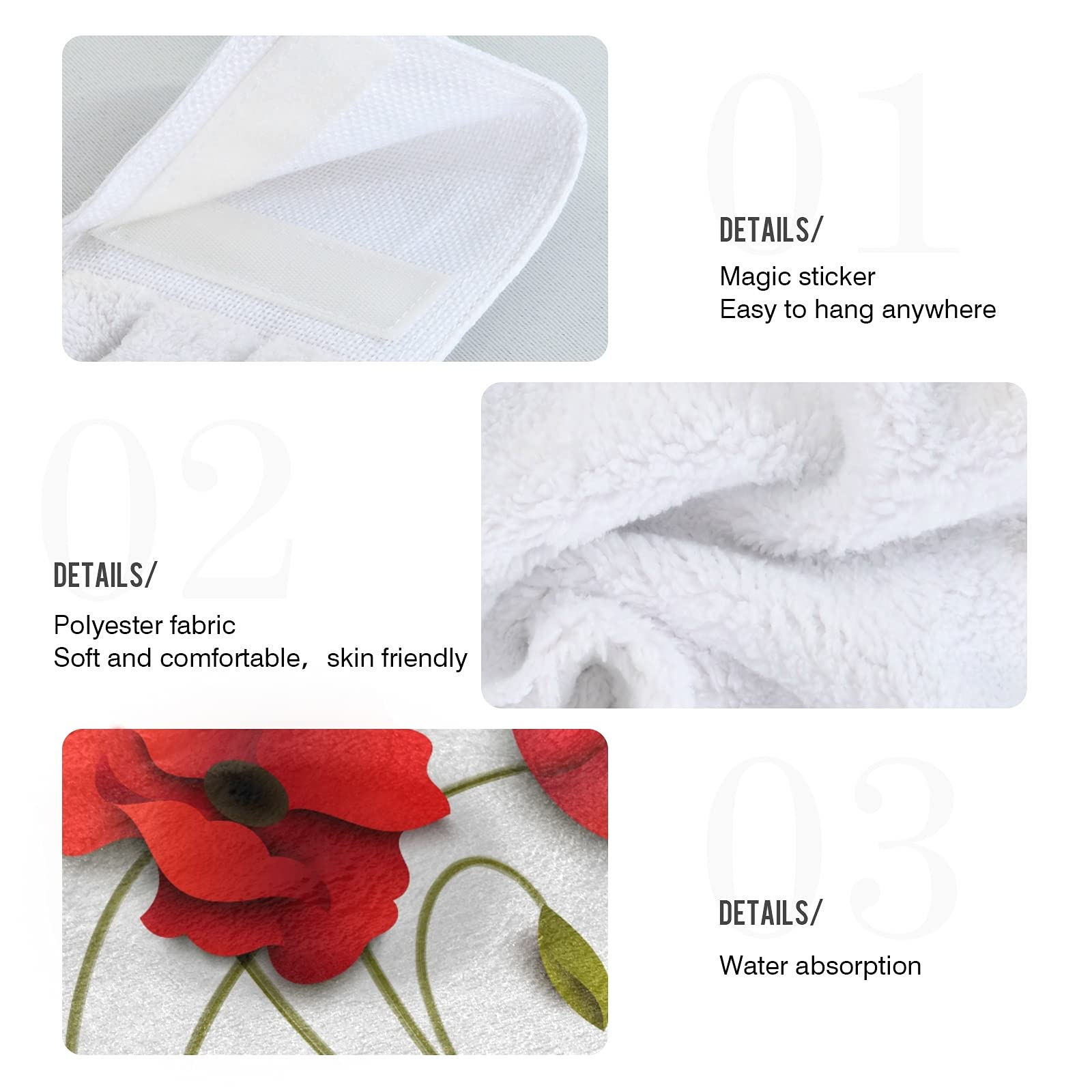 Spring Red Poppy Kitchen Hanging Towel 12 x 17 Inch Rose Blossom Floral Flowers Hand Tie Towels Set 2 Pcs Tea Bar Dish Cloths Dry Towel Soft Absorbent Durable for Bathroom Laundry Room Decor