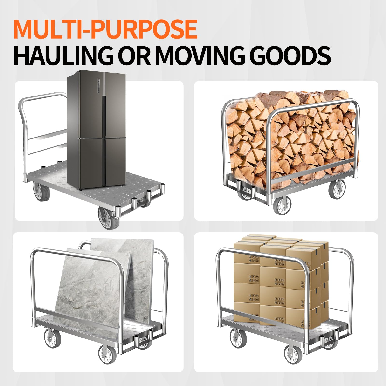 Steel Panel Truck, Heavy Duty Drywall Cart Lumber Cart Platform Truck Flat Cart, 2000lbs, 6" Swivel Brake Casters, with 1Front and 2 Side Handrails (36" x 24")