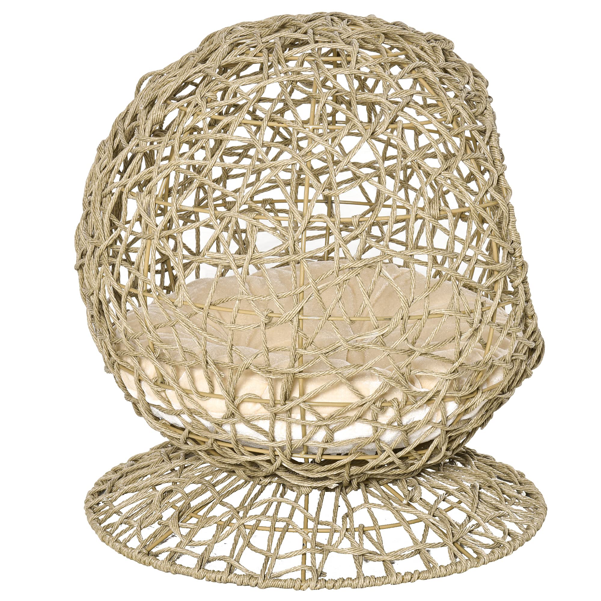 PawHut Rattan Elevated Cat Bed Kitty Condo with Comfortable Soft Cushion, Wicker Construction and Round Base, Brown